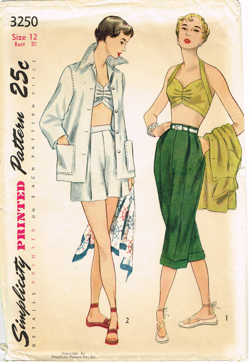 1950s Vintage Simplicity Sewing Pattern 3250 Misses Bra Top Capris 30B ...