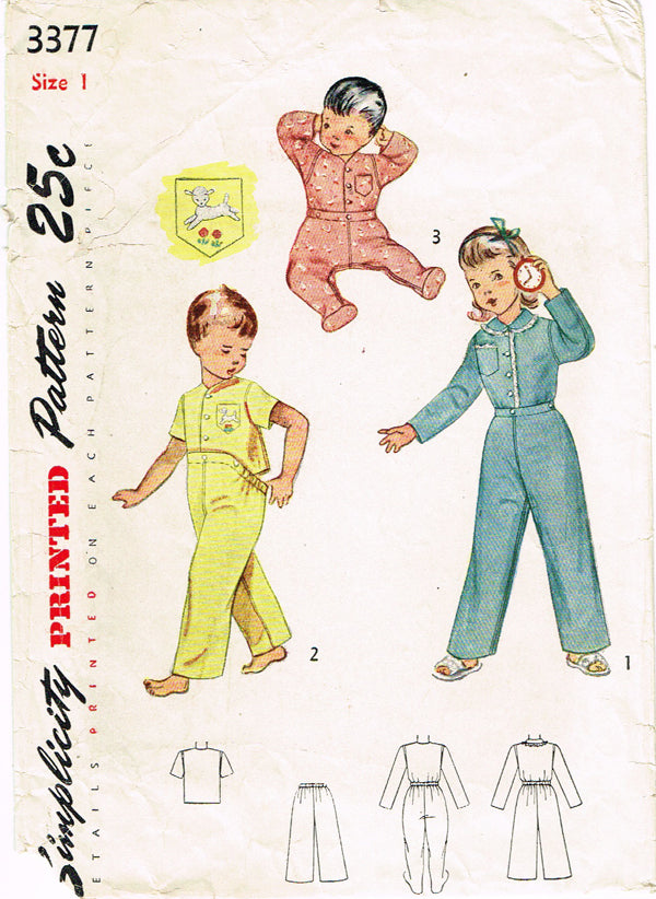 1950s Vintage Simplicity Sewing Pattern 3377 Baby Footie 2 PC Pajamas ...