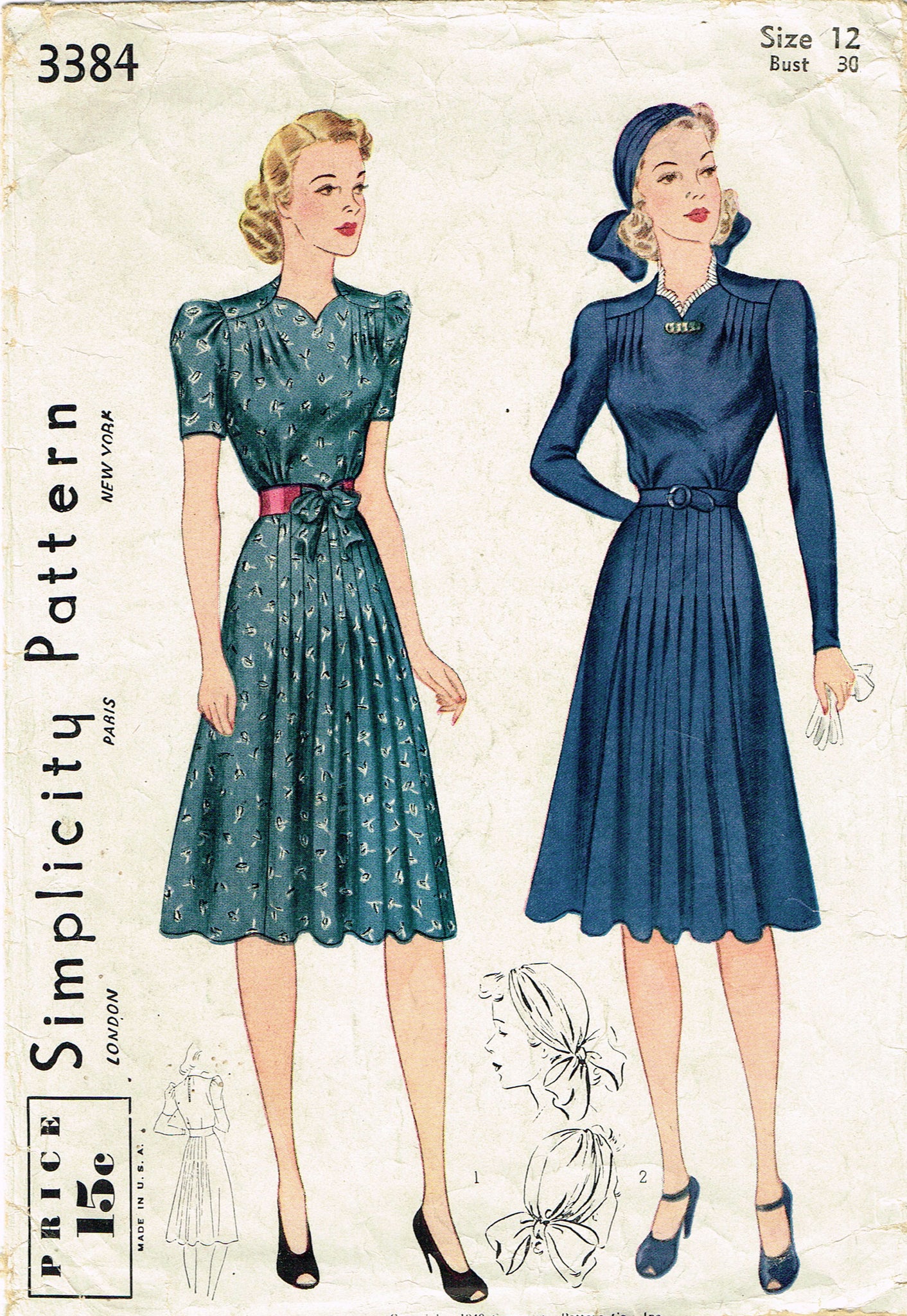 Simplicity 3384: 1940s Misses Dress & Turban Size 30 Bust Vintage Sewi ...
