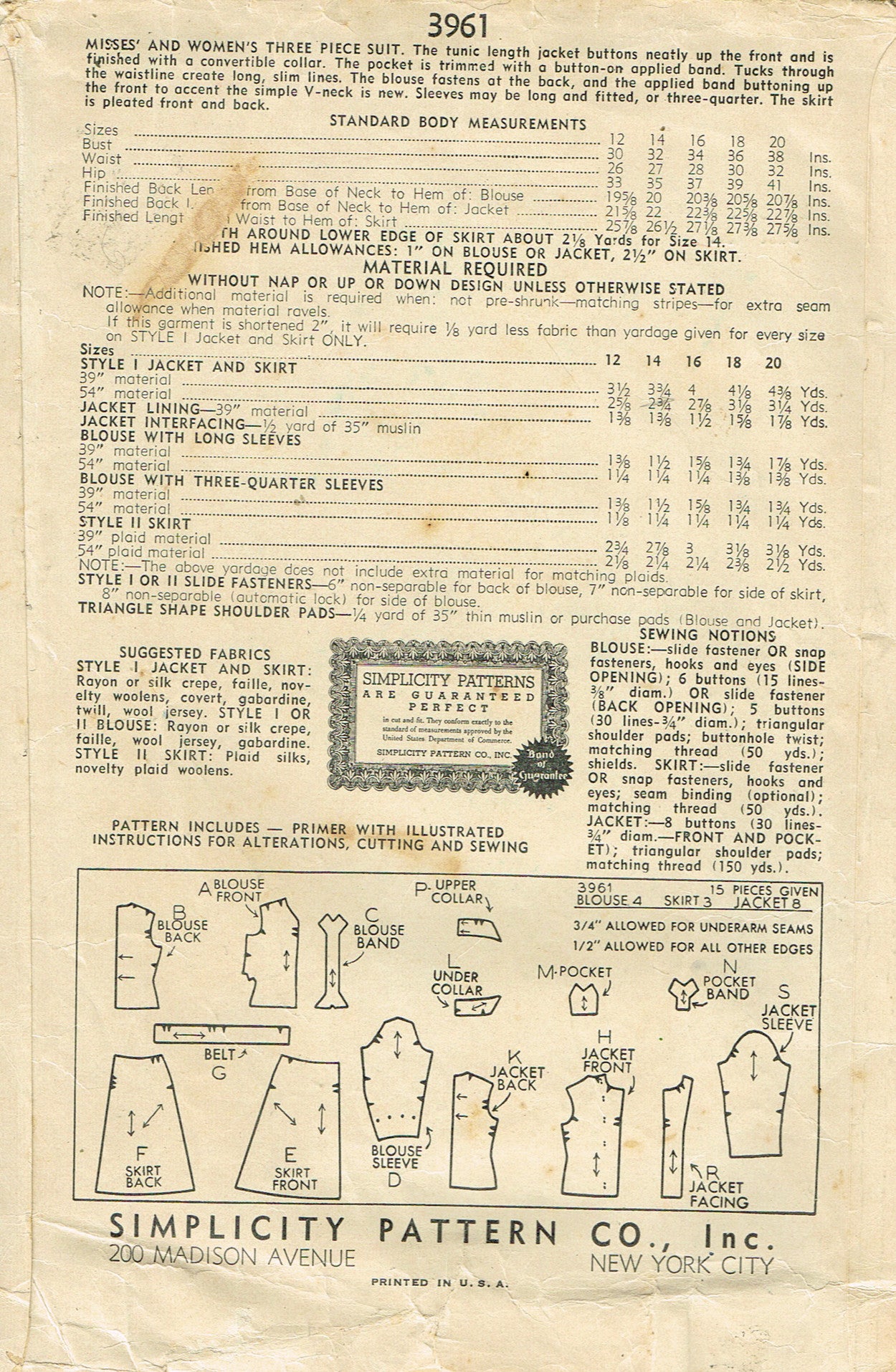 1940s Vintage Simplicity Sewing Pattern 3961 Iconic WWII Womens Suit S ...
