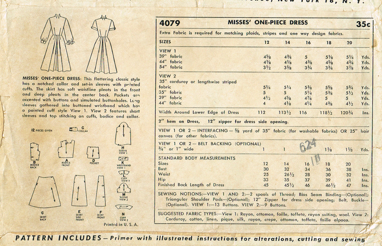 1950s Original Vintage Simplicity Pattern 4079 Misses Shirtwaist Dress ...