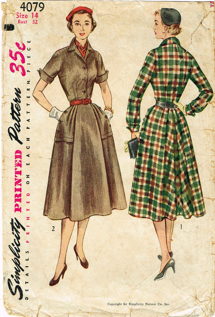 1950s Original Vintage Simplicity Pattern 4079 Misses Shirtwaist Dress ...