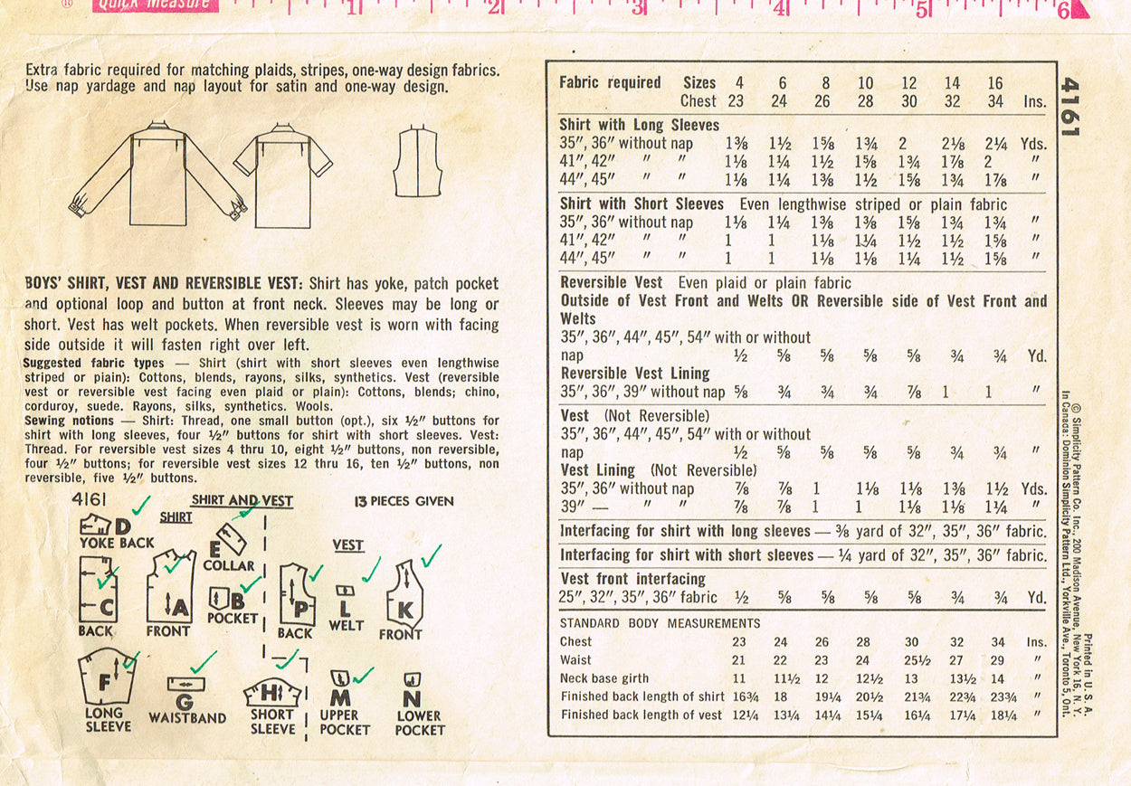 1960s Vintage Simplicity Sewing Pattern 4161 Boys Vest & Shirt Sz 14 ...