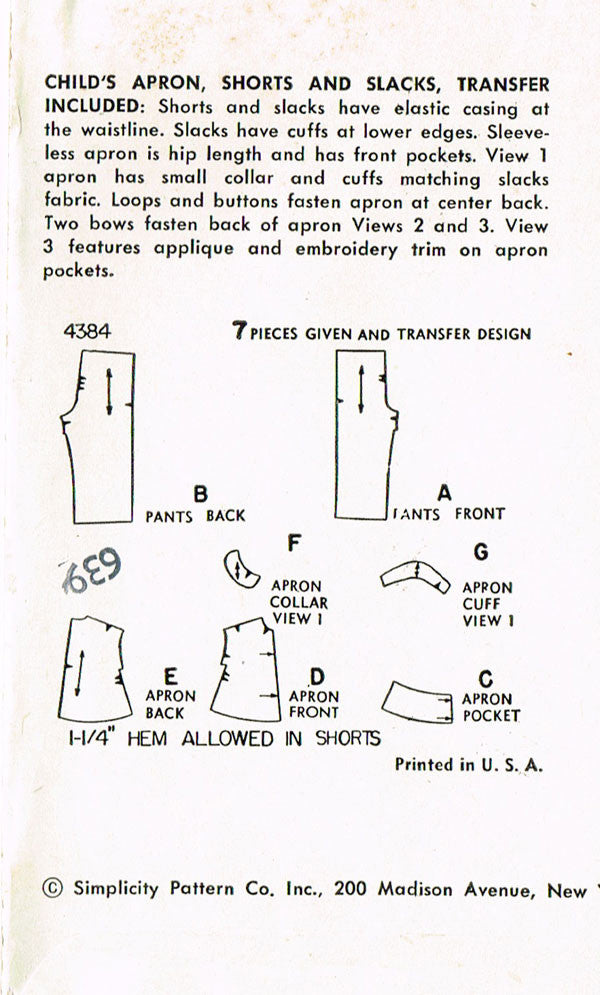 1950s Original Vintage Simplicity Pattern 4384 Baby Girls Play Apron 2 ...