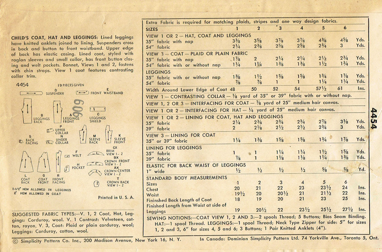 1950s VTG Simplicity Sewing Pattern 4454 FF Toddler Girls Coat & Hat ...