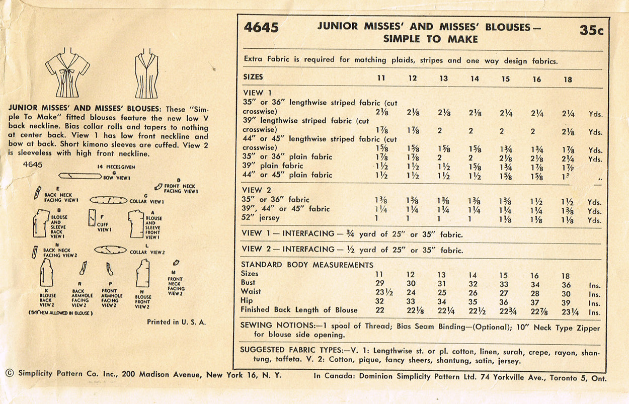 1950s Original Vintage Simplicity Pattern 4645 Easy Misses Blouse 33B ...