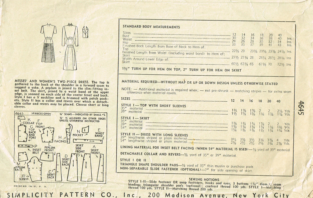 1940s Original Vintage Simplicity Pattern 4645 WWII Misses Suit Sz 36B ...