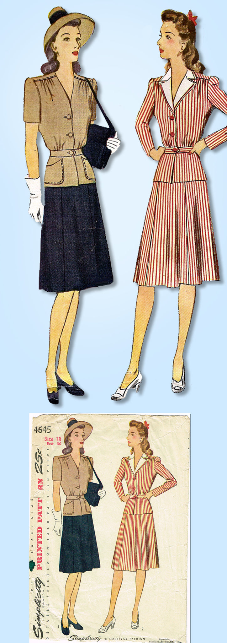 1940s Original Vintage Simplicity Pattern 4645 WWII Misses Suit Sz 36B ...