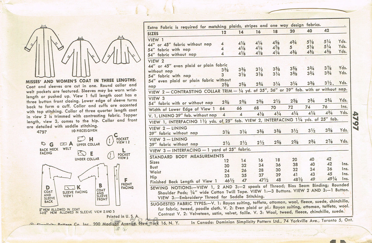1950s Vintage Simplicity Sewing Pattern 4797 Uncut MIsses Swagger Coat ...