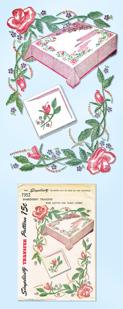 1940s VTG Simplicity Embroidery Transfer 7352 Uncut Rose Table Cloth ...