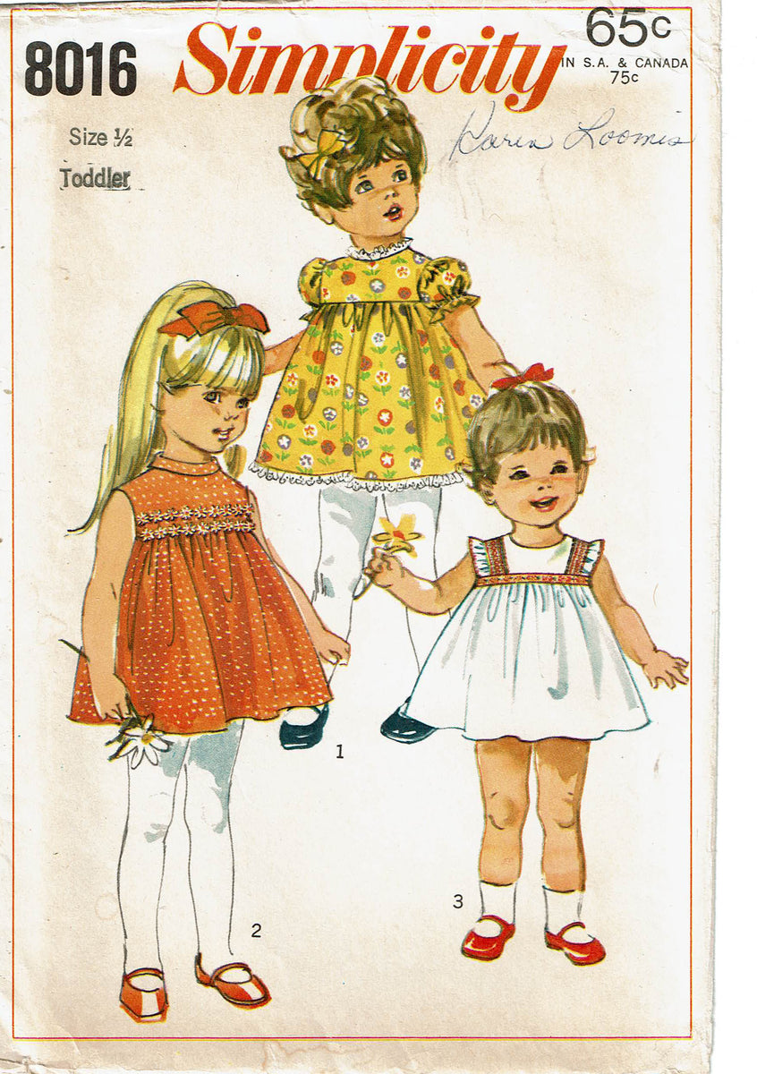 Simplicity 8016: 1960s Cute Baby Girls High Yoke Dress Pattern Size 6m ...