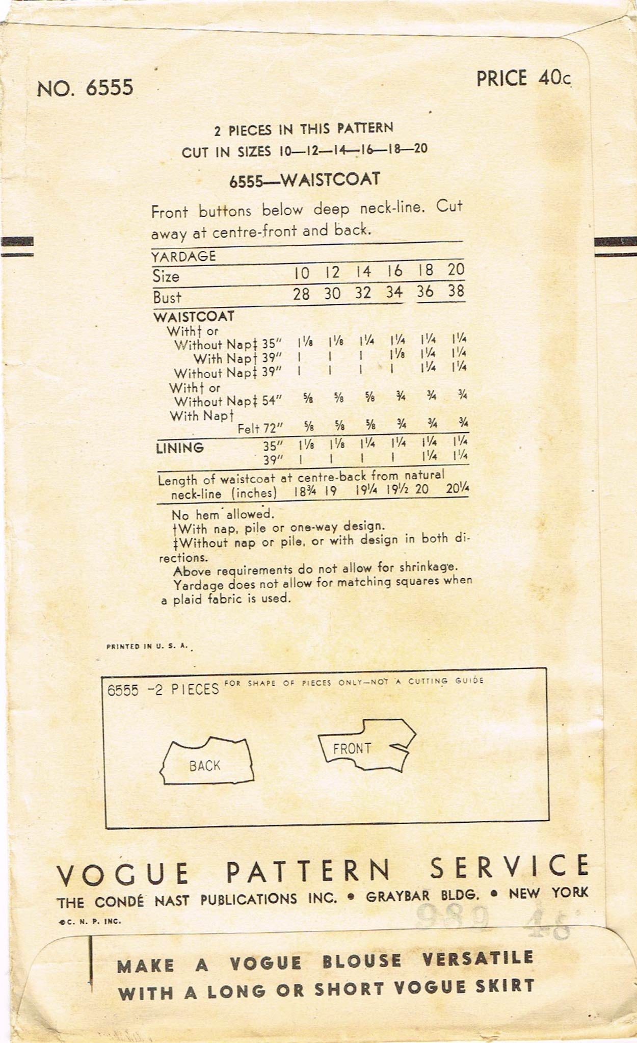 1940s Vintage Vogue Sewing Pattern 6555 Misses Weskit Vest Size 32B ...