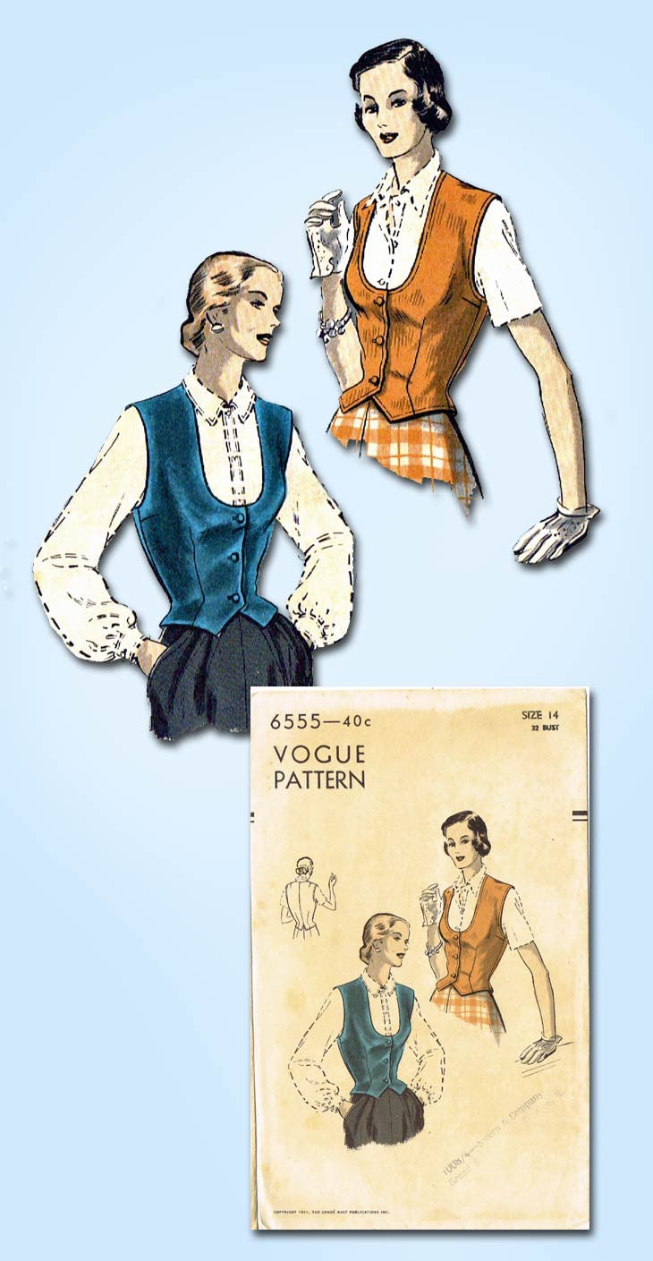 1940s Vintage Vogue Sewing Pattern 6555 Misses Weskit Vest Size 32B ...