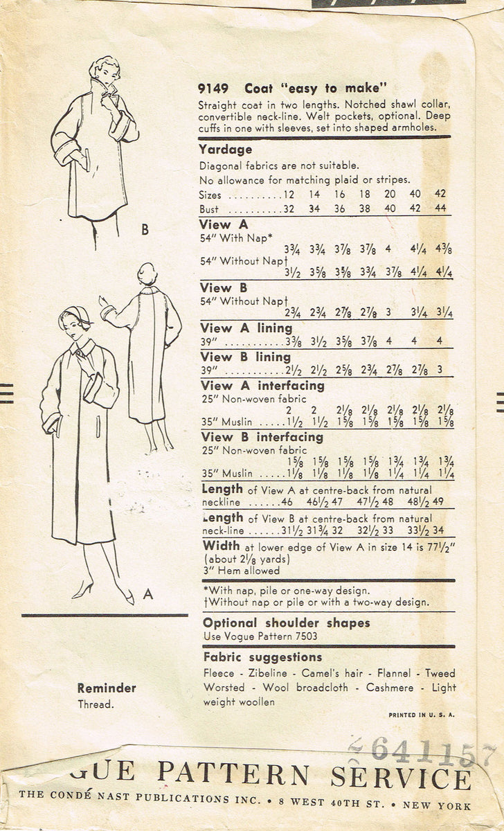 1950s Vintage Vogue Sewing Pattern 9149 Misses Swagger Coat 2 Lengths ...