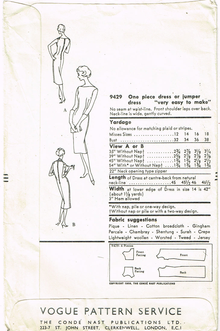 1950s Original Vintage Vogue Pattern 9429 Uncut Misses Wiggle Dress 34 ...