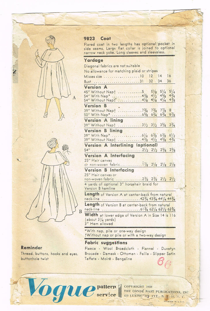 1950s Vintage Original Vogue Pattern 9823 Rare Misses Evening Coat 32B ...